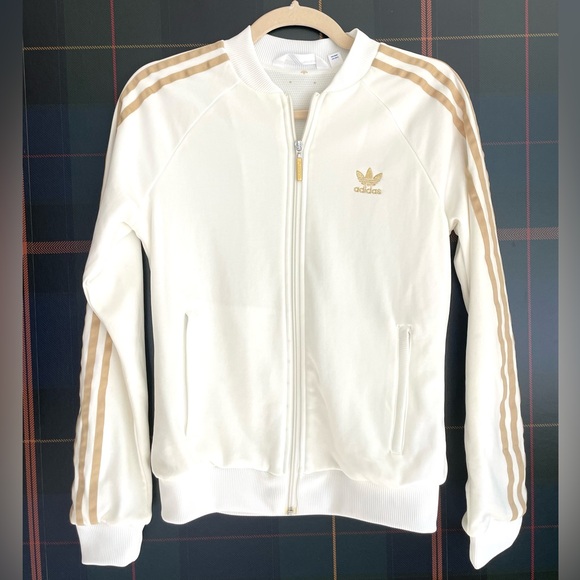 adidas | Tops | Adidas Track Jacket Creamgold Stripes Logo Interior ...